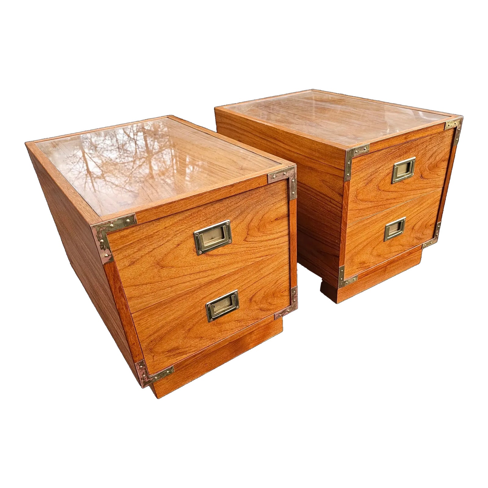 Vintage Campaign Style Side Tables With Faux Bottom Drawer | Chairish