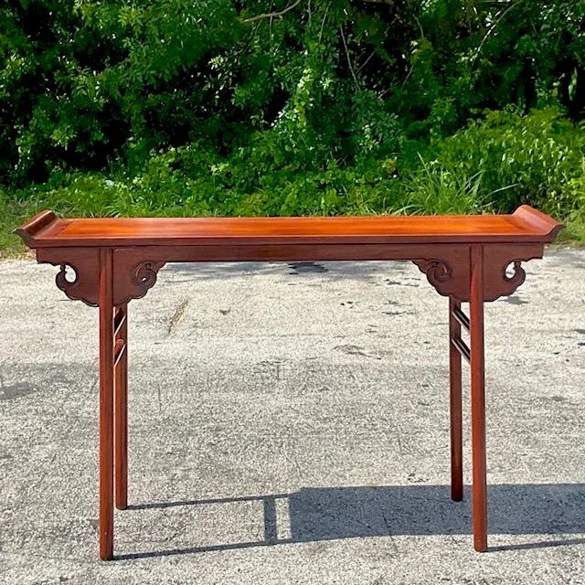Early 20th Century Asian Pagoda Wing Carved Console Table | Chairish