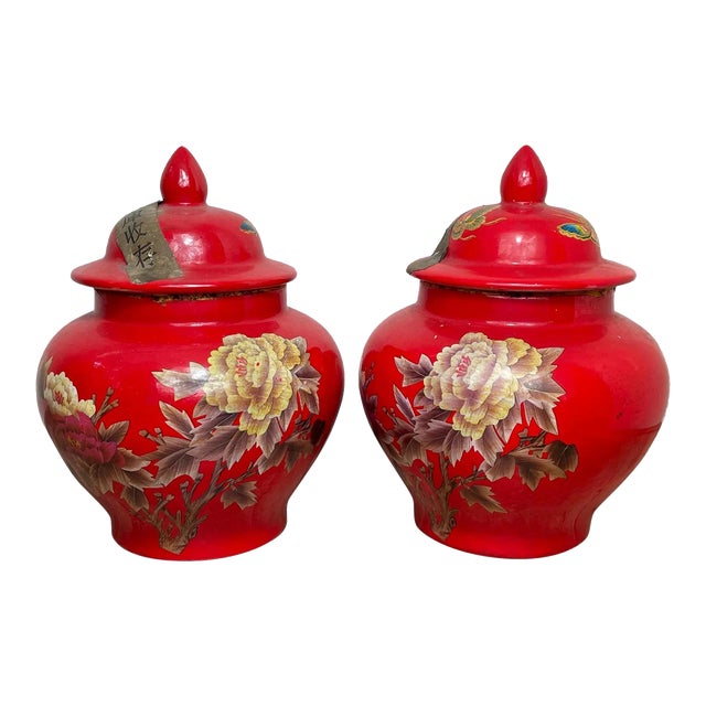Pair of Traditional Chinese Strawberry Red Locust Butterfly Vases ...
