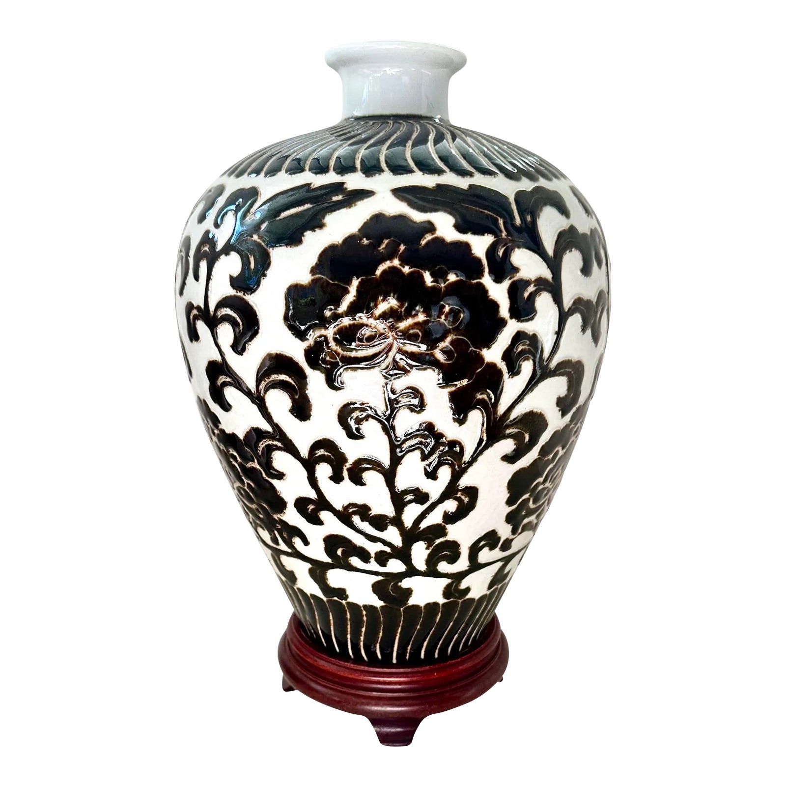 Mid Century Japanese Chinese Ceramic Vase Meiping Plum Peony Large ...