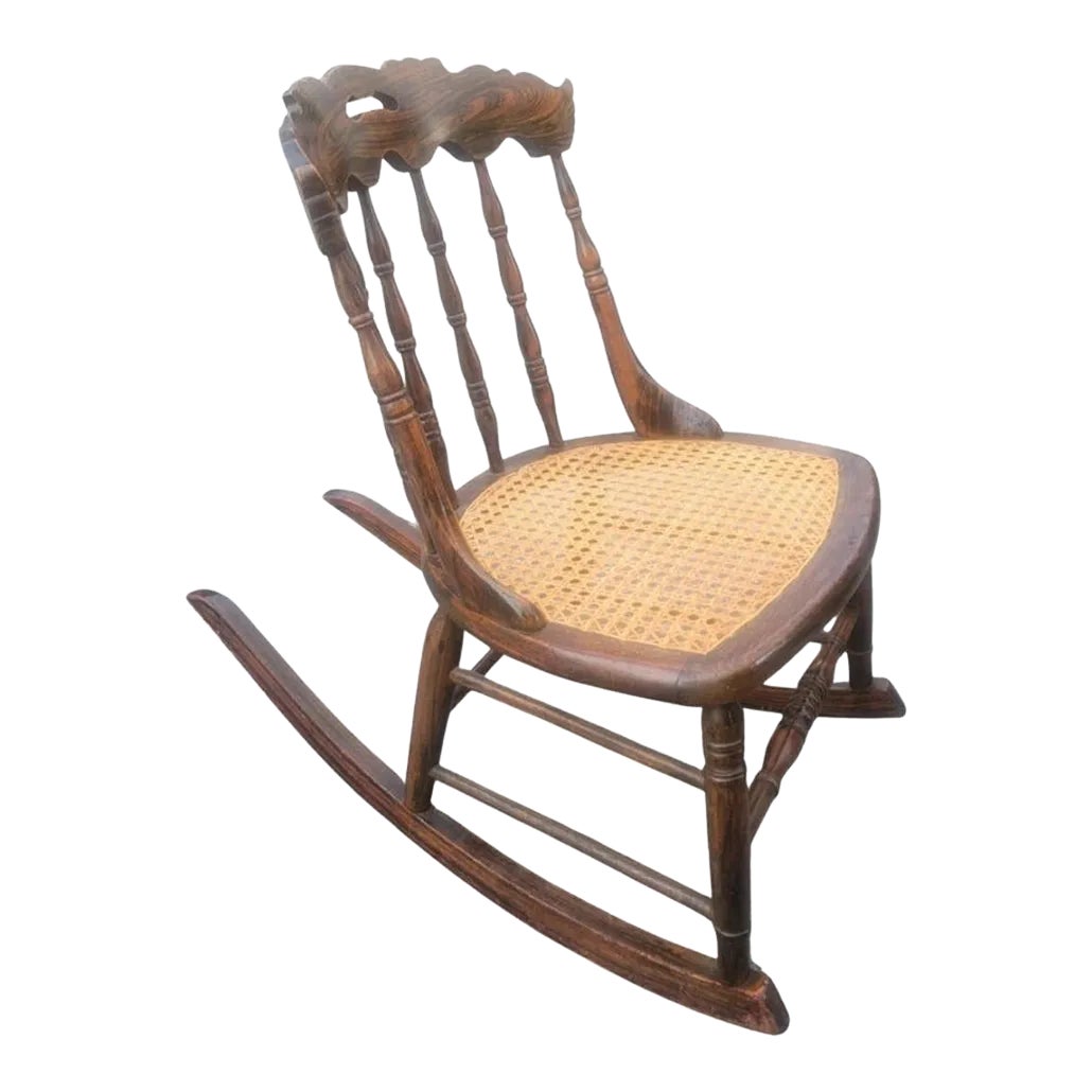 Vintage Medium Size Tiger Walnut and Cane Seat Rocking Chair | Chairish