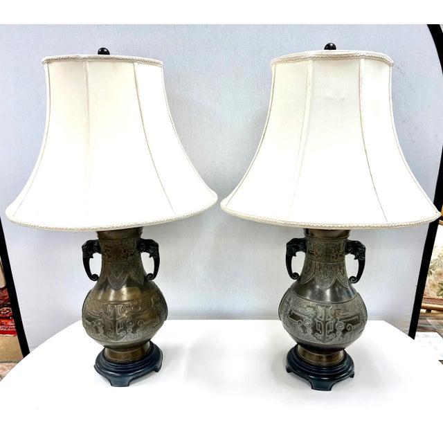 Chinese Archaistic Brass Table Lamps James Mont Style | Chairish