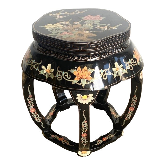Chinese Black Lacquered and Hand Painted Low Stool/Side Table | Chairish