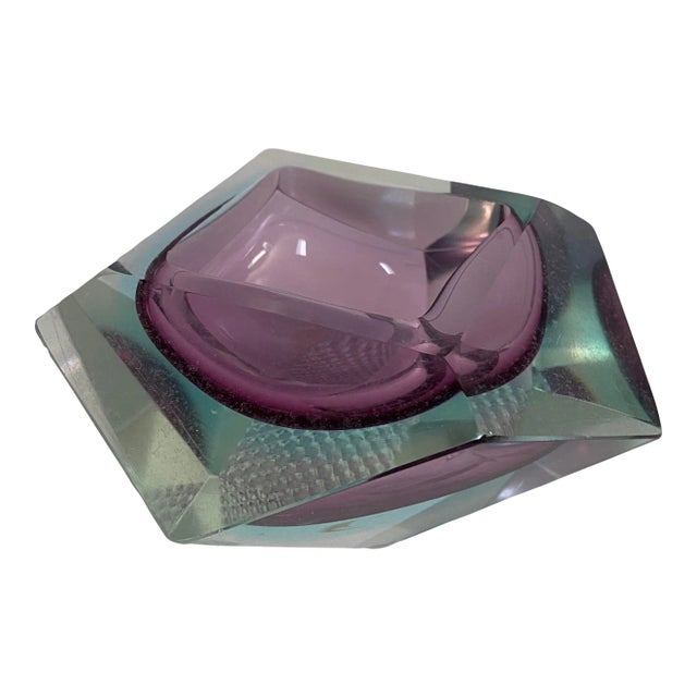 1960s Murano Style Prism Shape Glass Dish in Plum With Clear Blue ...