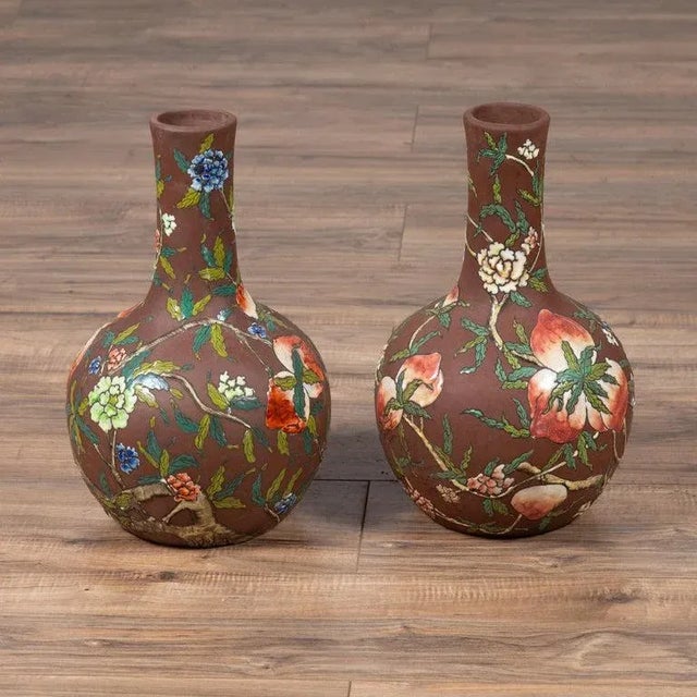 Vintage Chinese Kendi Shape Brown Vases with Floral and Fruit Décor - a ...