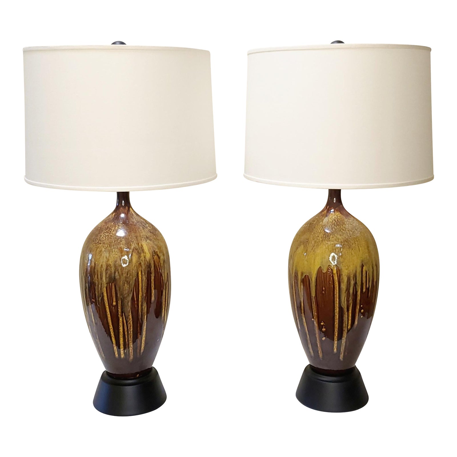 Vintage Earth Tone Glazed Pottery Lamps With Shades - a Pair | Chairish