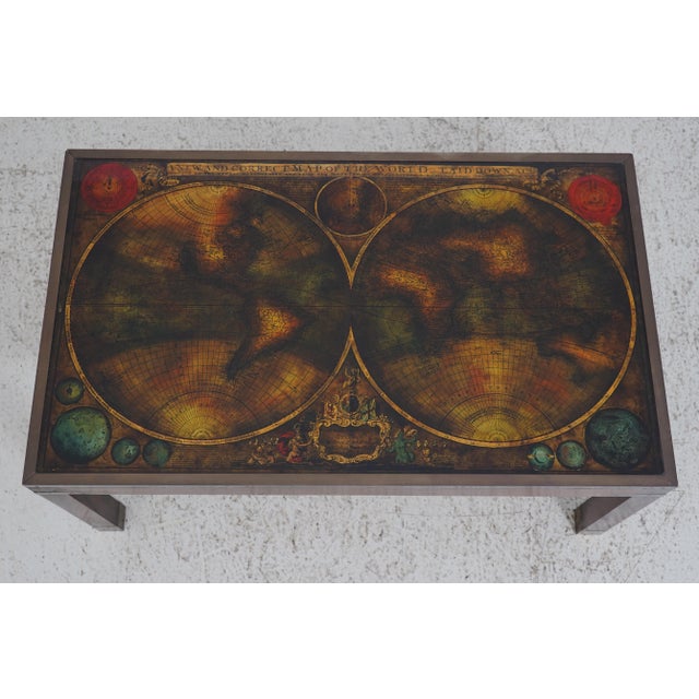 Campaign Style Reverse Painted Glass Top World Map Coffee Table | Chairish