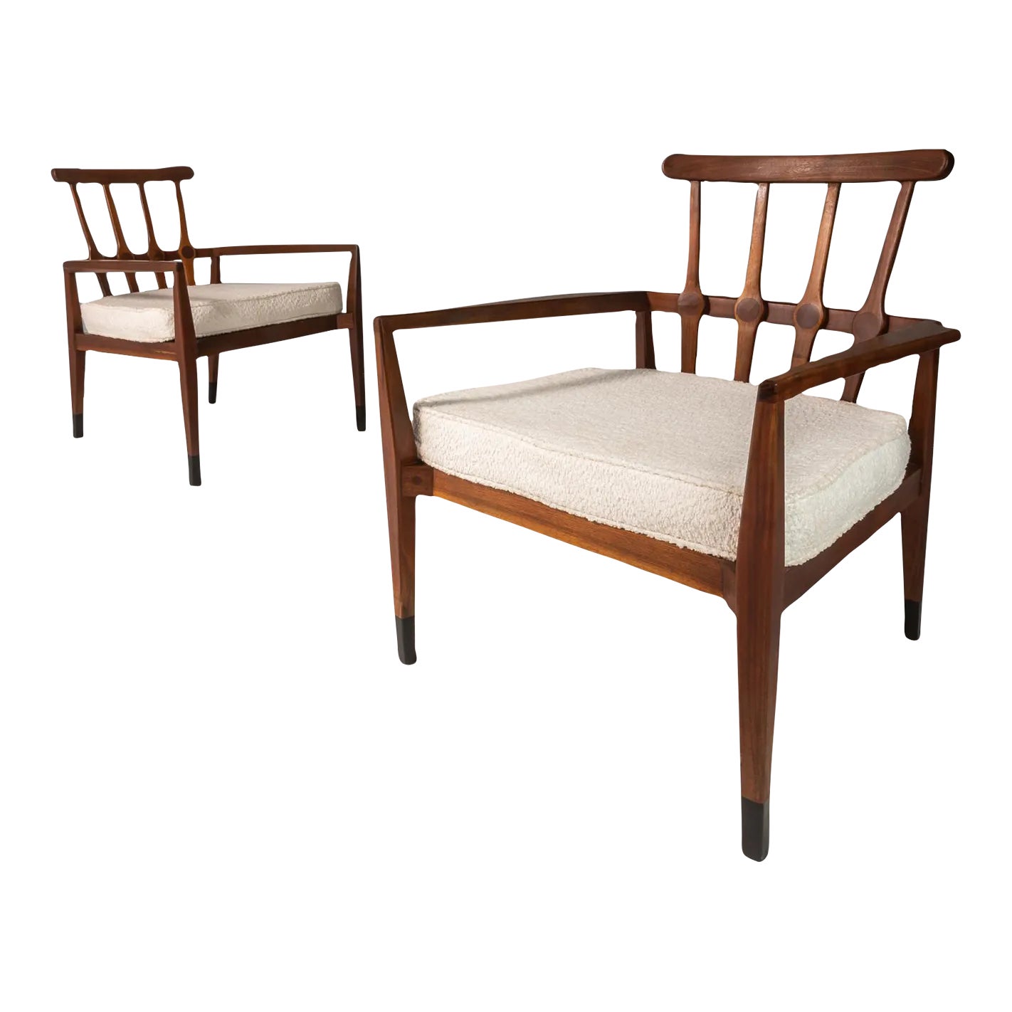 Set of 2 Mid-Century Modern Angular Arm Chairs in Walnut & White Bouclé ...