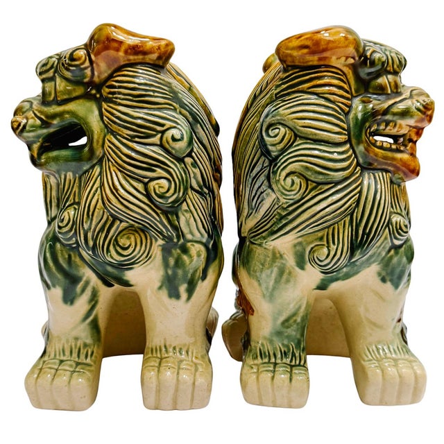 Pair of Mid 20th Century Chinese Green & Blue Glazed Ceramic Foo Dog ...