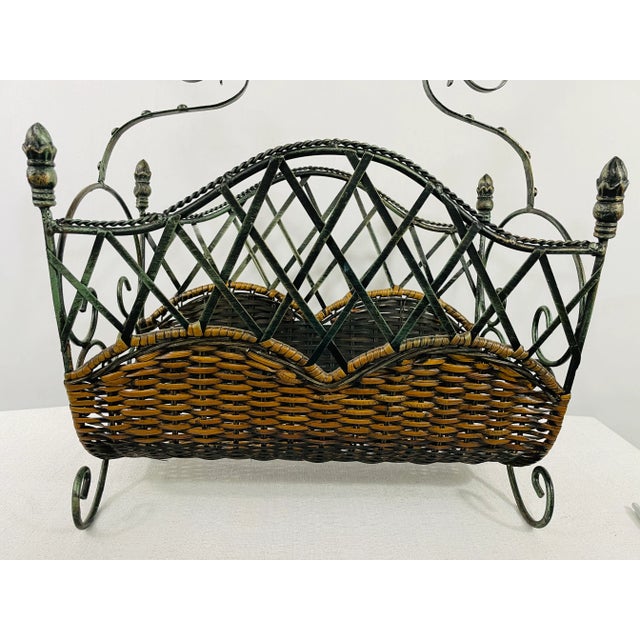 Vintage Metal and Reed Magazine Rack | Chairish