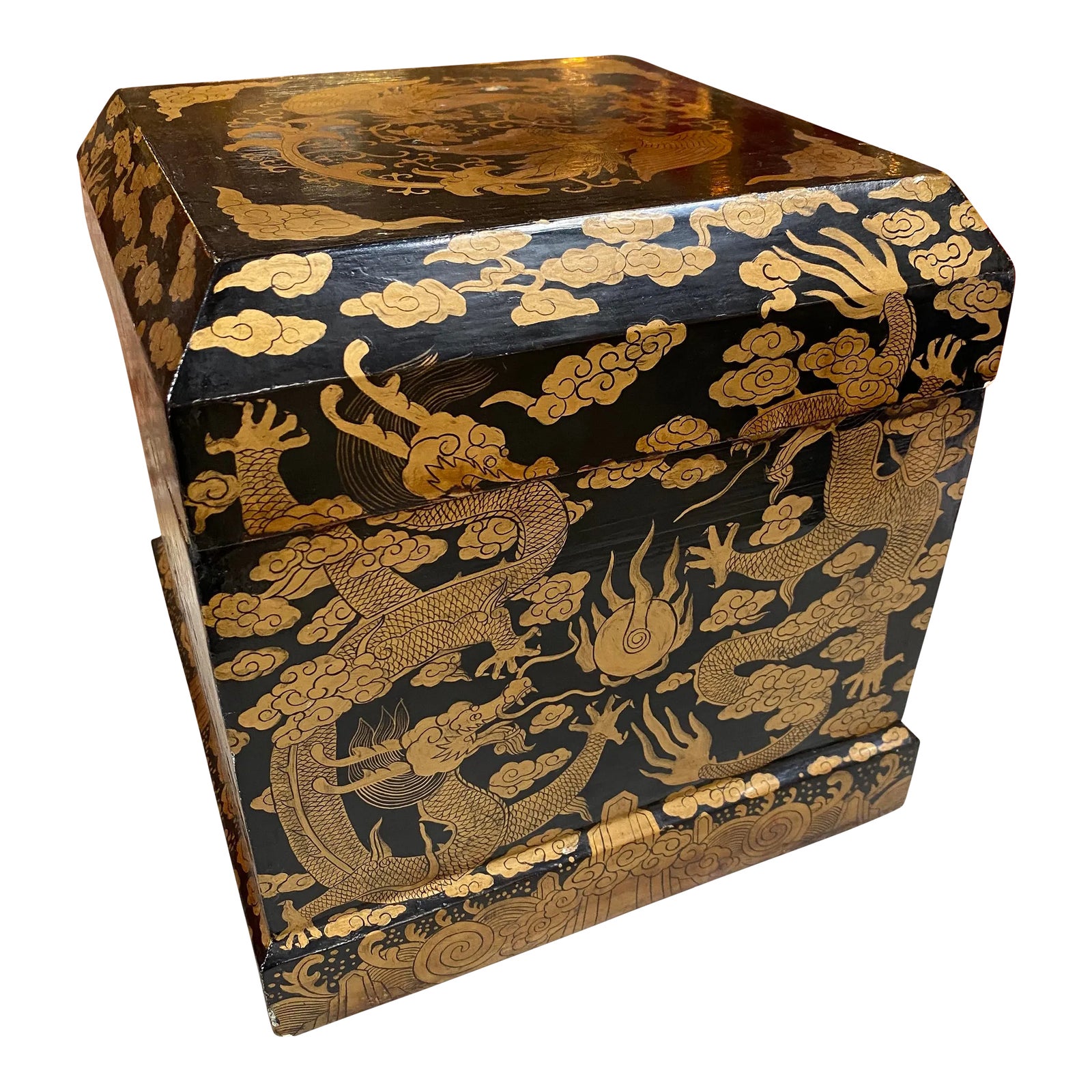 1950 Italian Decorative Black and Gold Asian Dragon Box | Chairish