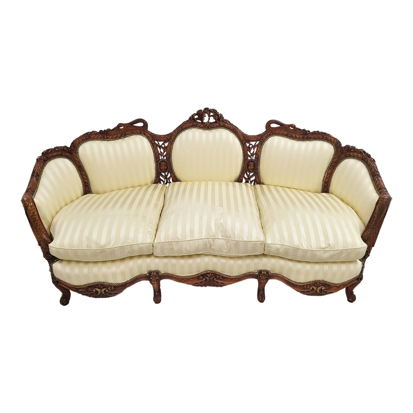 Antique French Louis XV Pierce Carved Swan Triple Back Sofa Couch ...