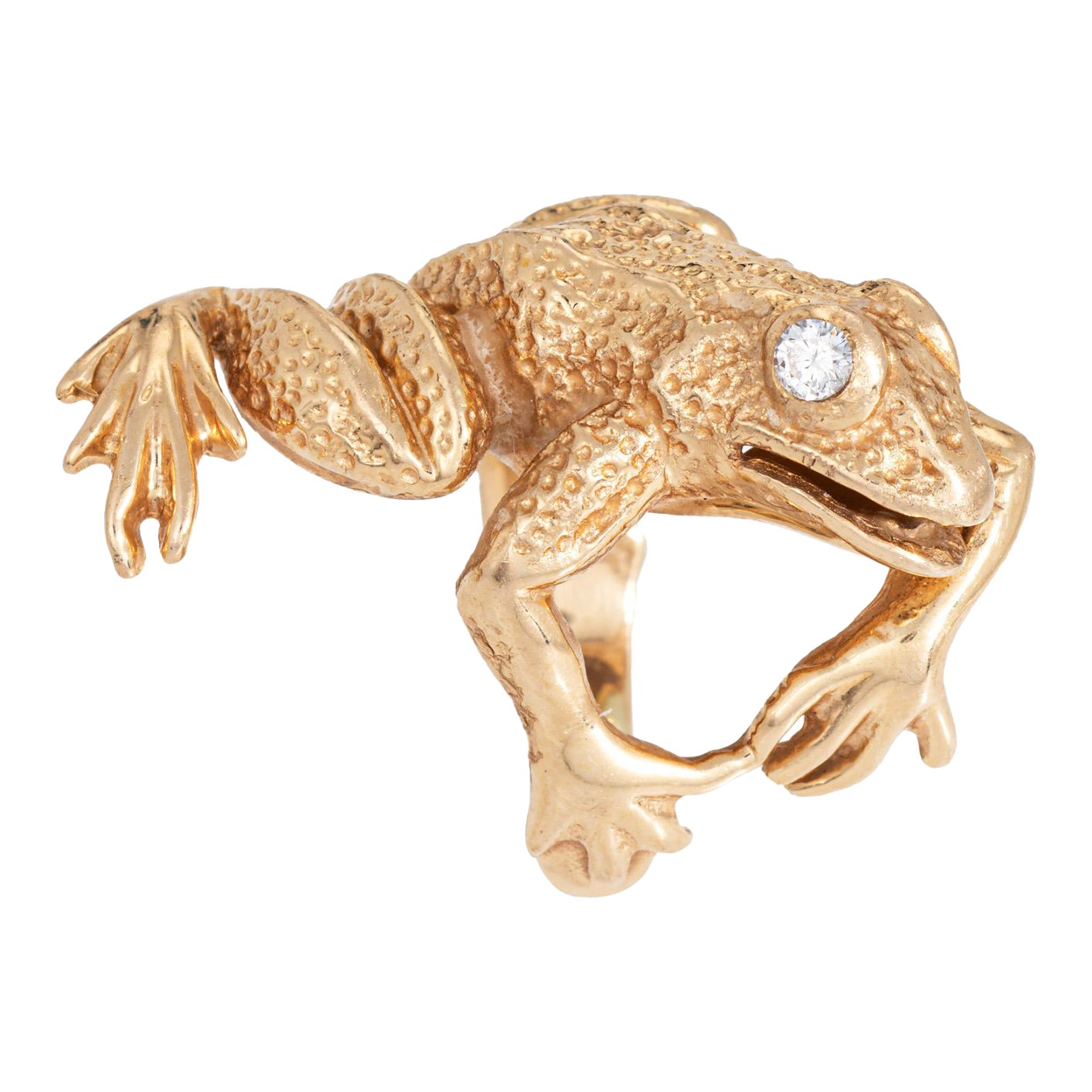 70s Vintage Frog Ring Heavy 14k Yellow Gold Diamond Eyes 8.5 Cocktail ...