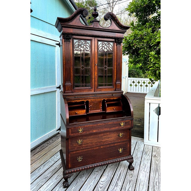 Antique Mahogany Cylinder Roll Banded Secretary With Birdseye Maple ...