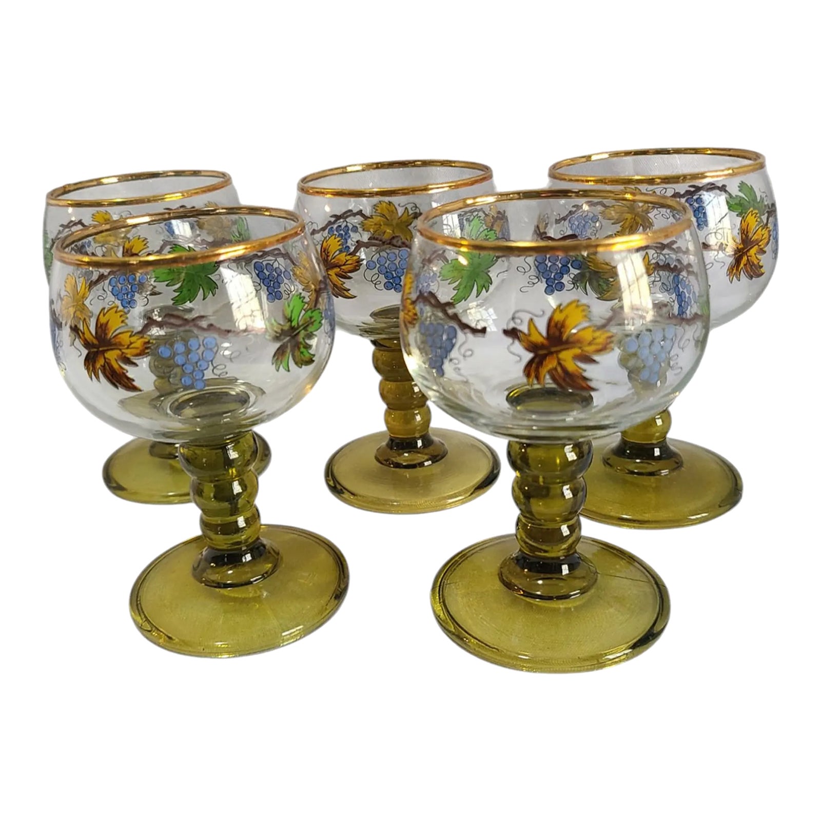 Vintage German Roemer Wine Glasses Painted Gilded Rim Grapevine Olive ...