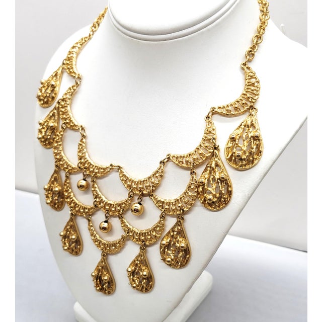 Vintage 1970s Signed Napier Modernist Goldtone Bumpy Texture Drops Bib ...
