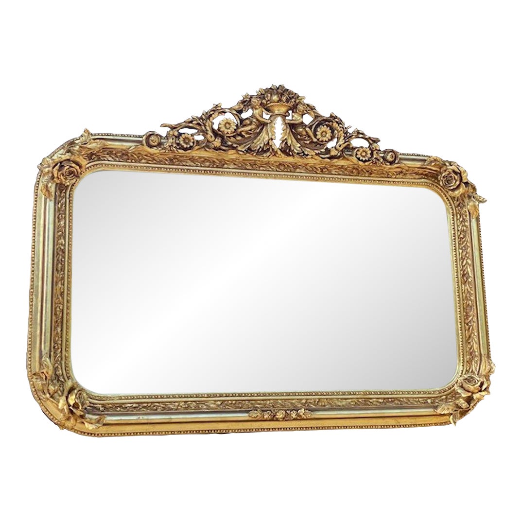 Regal French Louis XVI Gilded Wall Mirror With Ornate Cherub & Floral ...