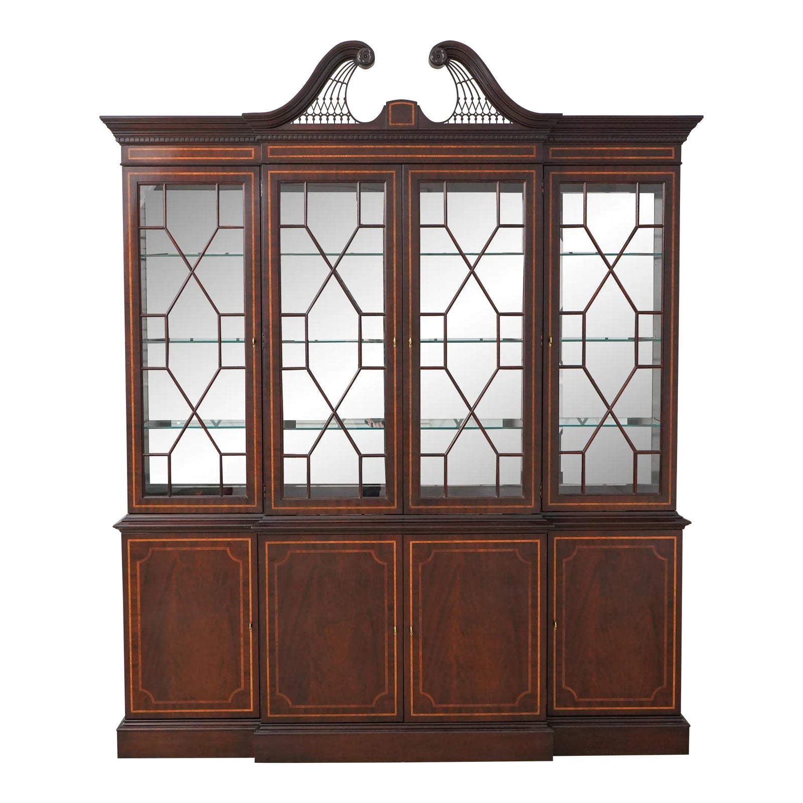 Hickory White Inlaid Mahogany Large Breakfront Bookcase | Chairish