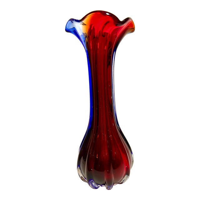 Vintage Jewel-Tone Red-Blue Split-Color Murano Style Bud Vase | Chairish