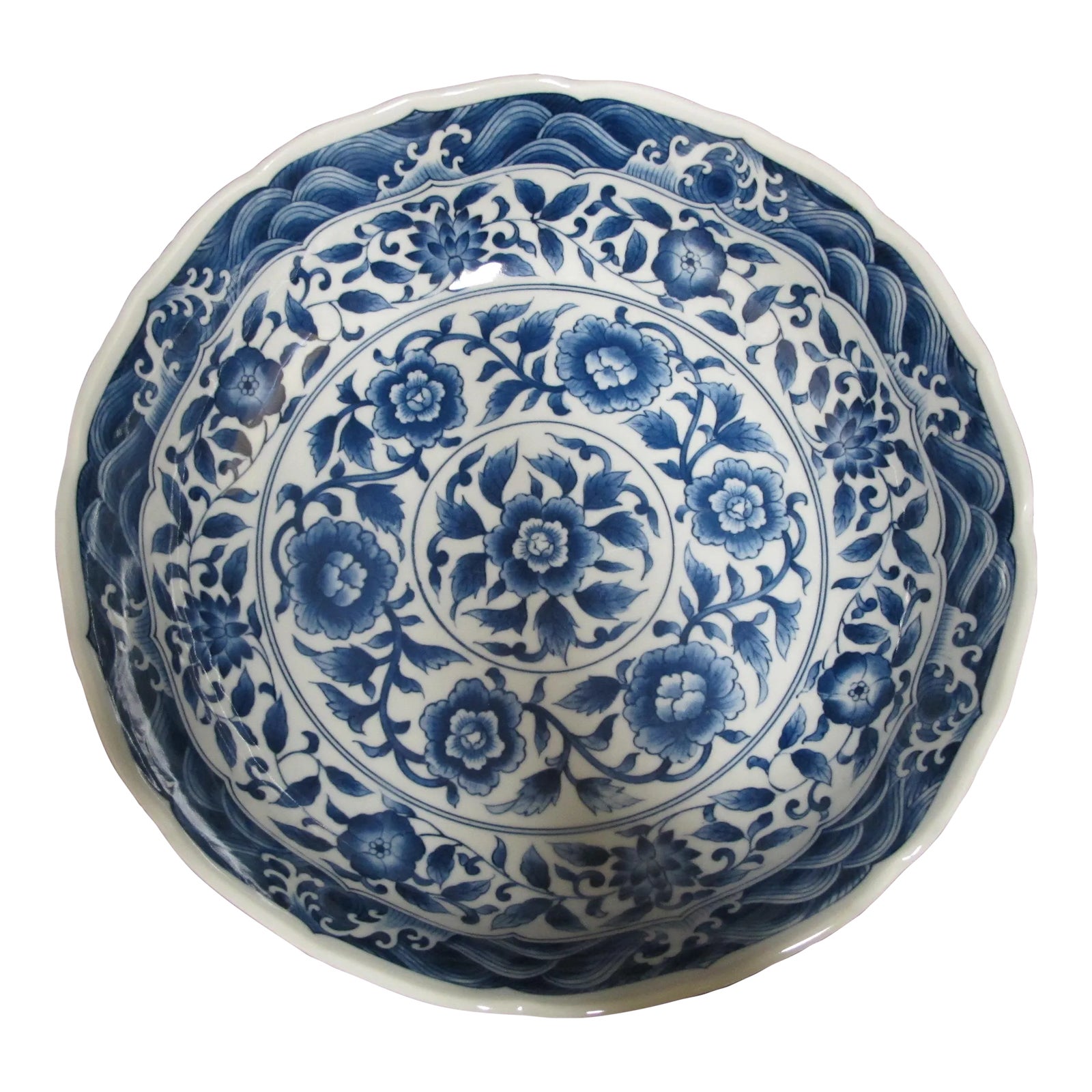 Large Chinese Blue & White Porcelain Peony Flower & Ocean Waves Bowl ...