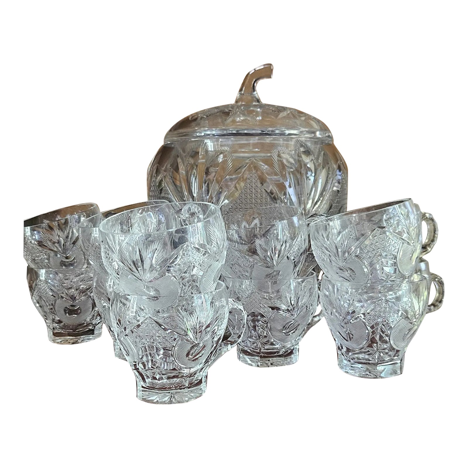 Early 1900s Handcut Bohemian Crystal Punch Bowl Set - 13 Pieces | Chairish