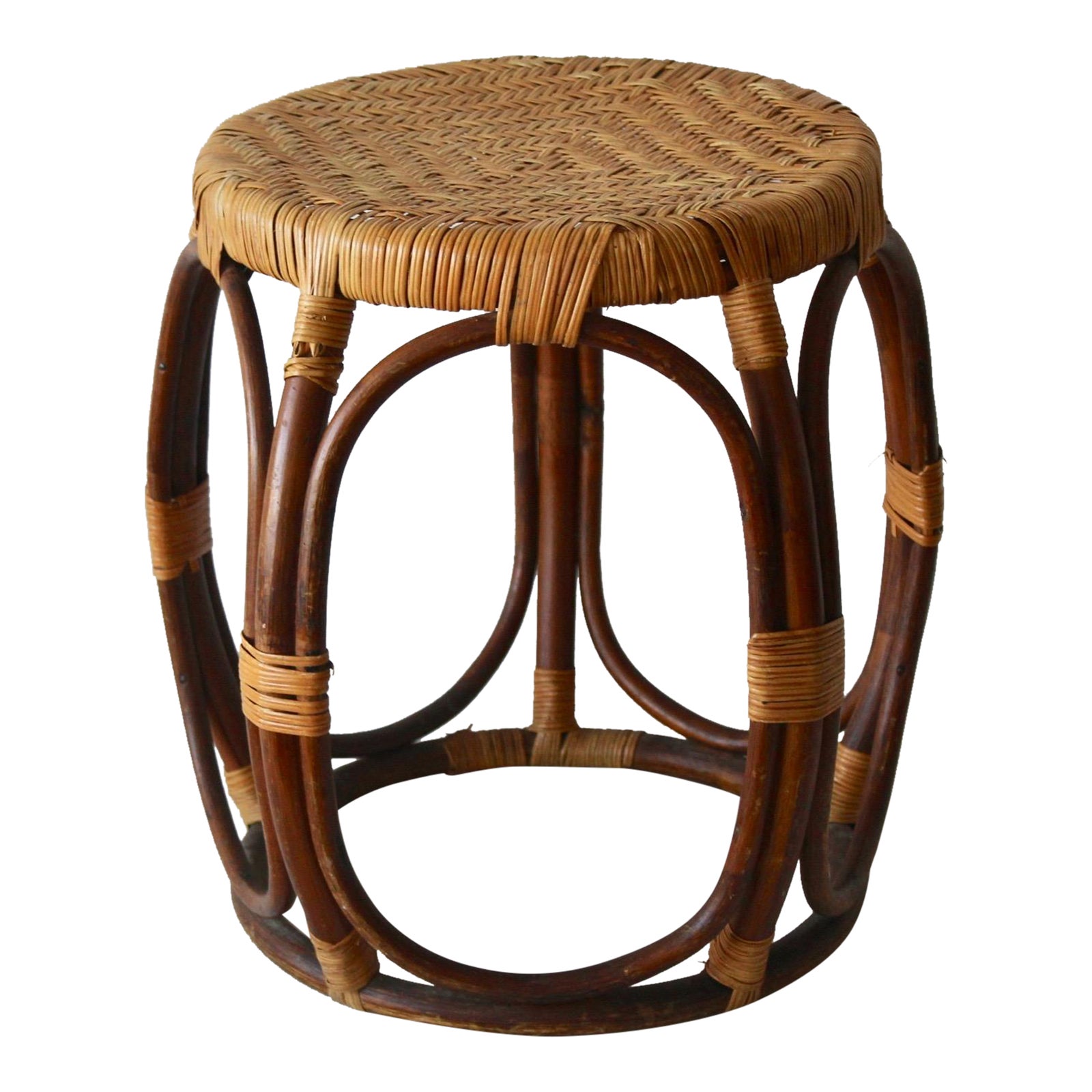 McGuire Style Rattan Taboret Drum Stool of Bentwood Cane Wicker Mid ...