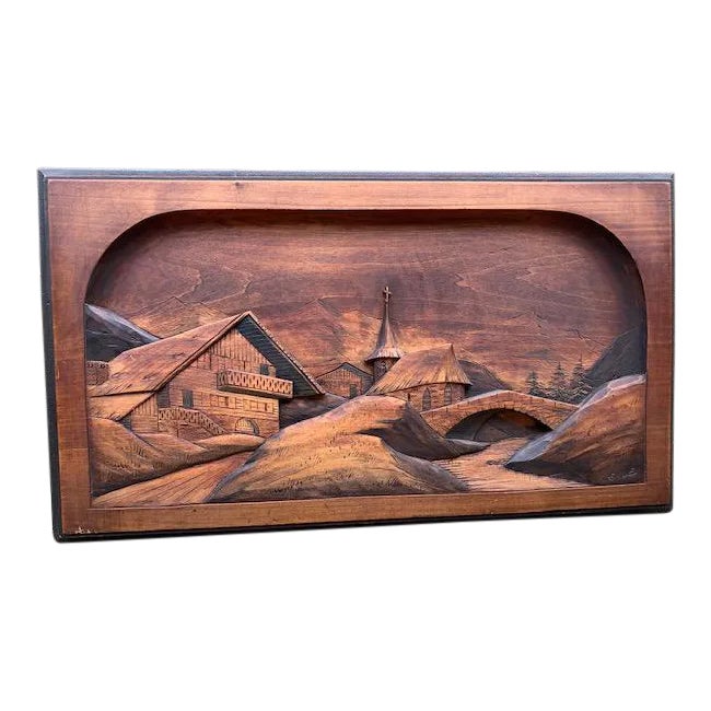 20th Century Wooden Carving Landscape Scene | Chairish