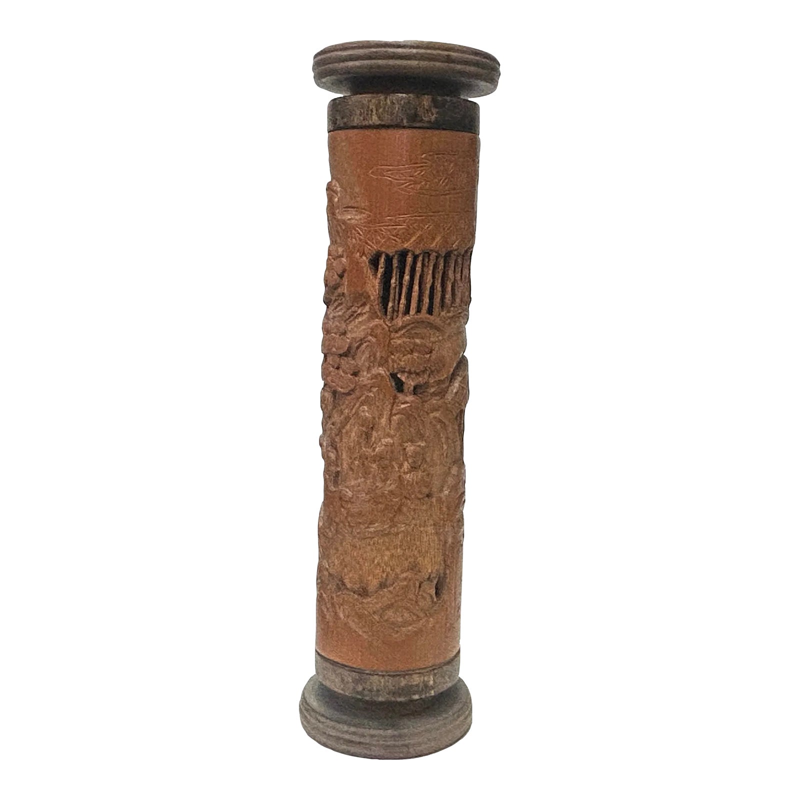 Vintage Chinese Bamboo People Scenery Carving Column Display Art | Chairish