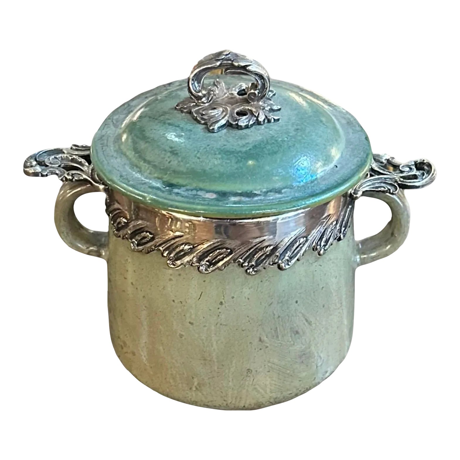 1900s Decorative Ceramic Covered Pot With Handles and Silver Mounts ...