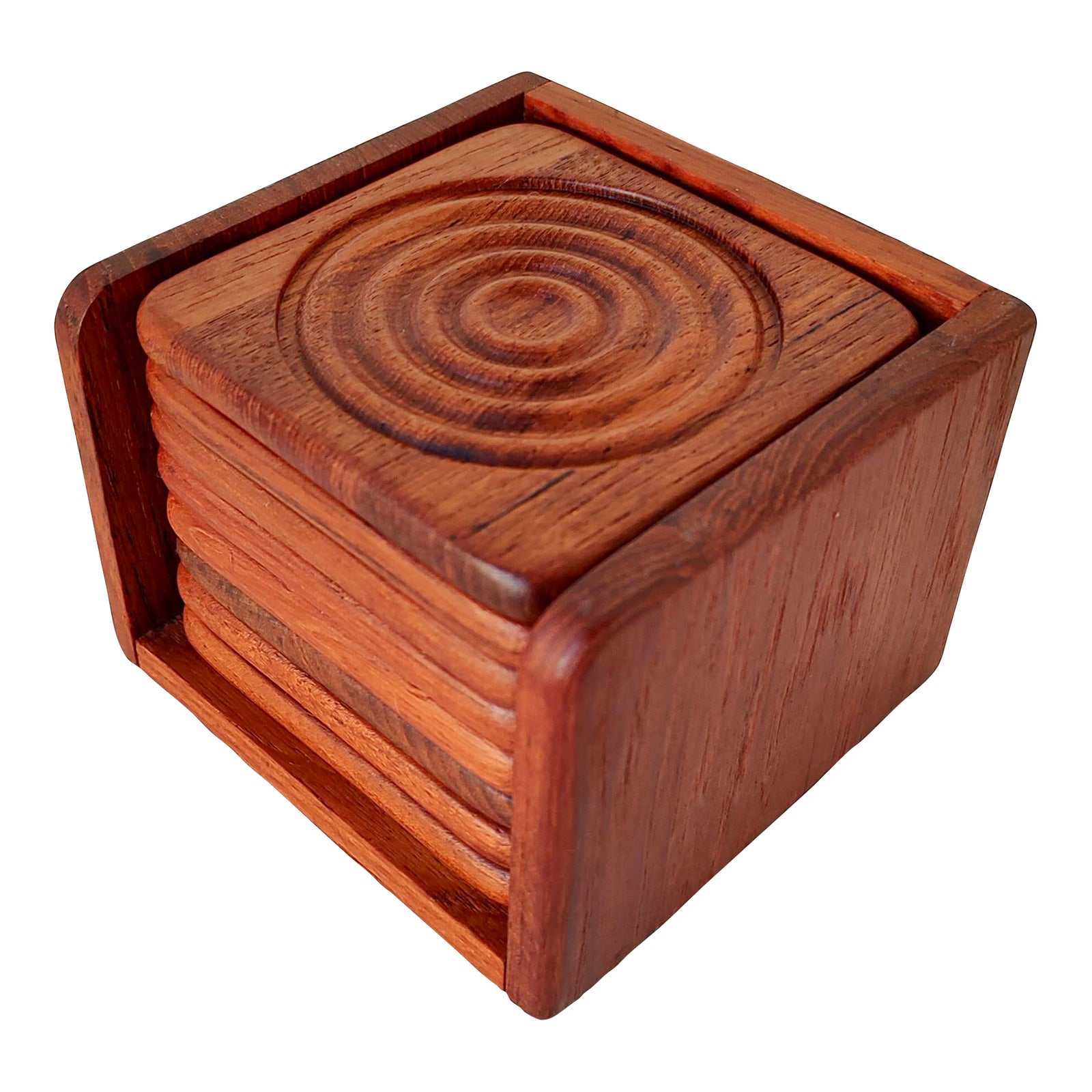 Set of 8 Square Teak Coasters in Caddy, 1960s | Chairish