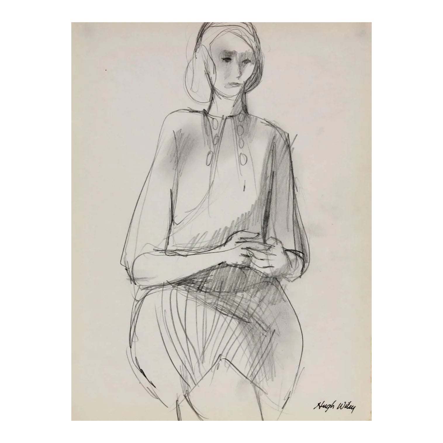 Hugh Wiley Drawing of Seated Woman in Graphite, 1960 | Chairish