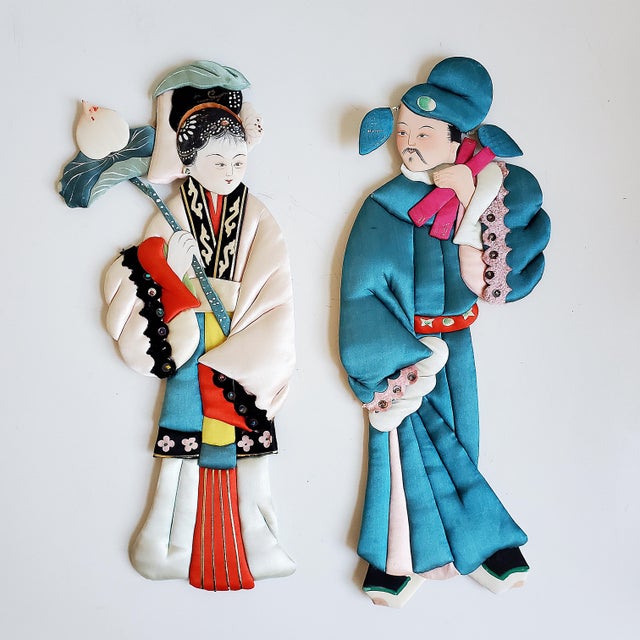 Set of 8 Vintage Handpainted Silk Japanese Immortal Paper Dolls | Chairish