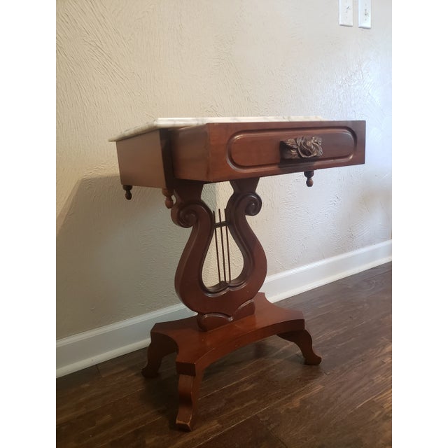Late 20th Century Cherry Lyre End Table With Italian Marble Top | Chairish
