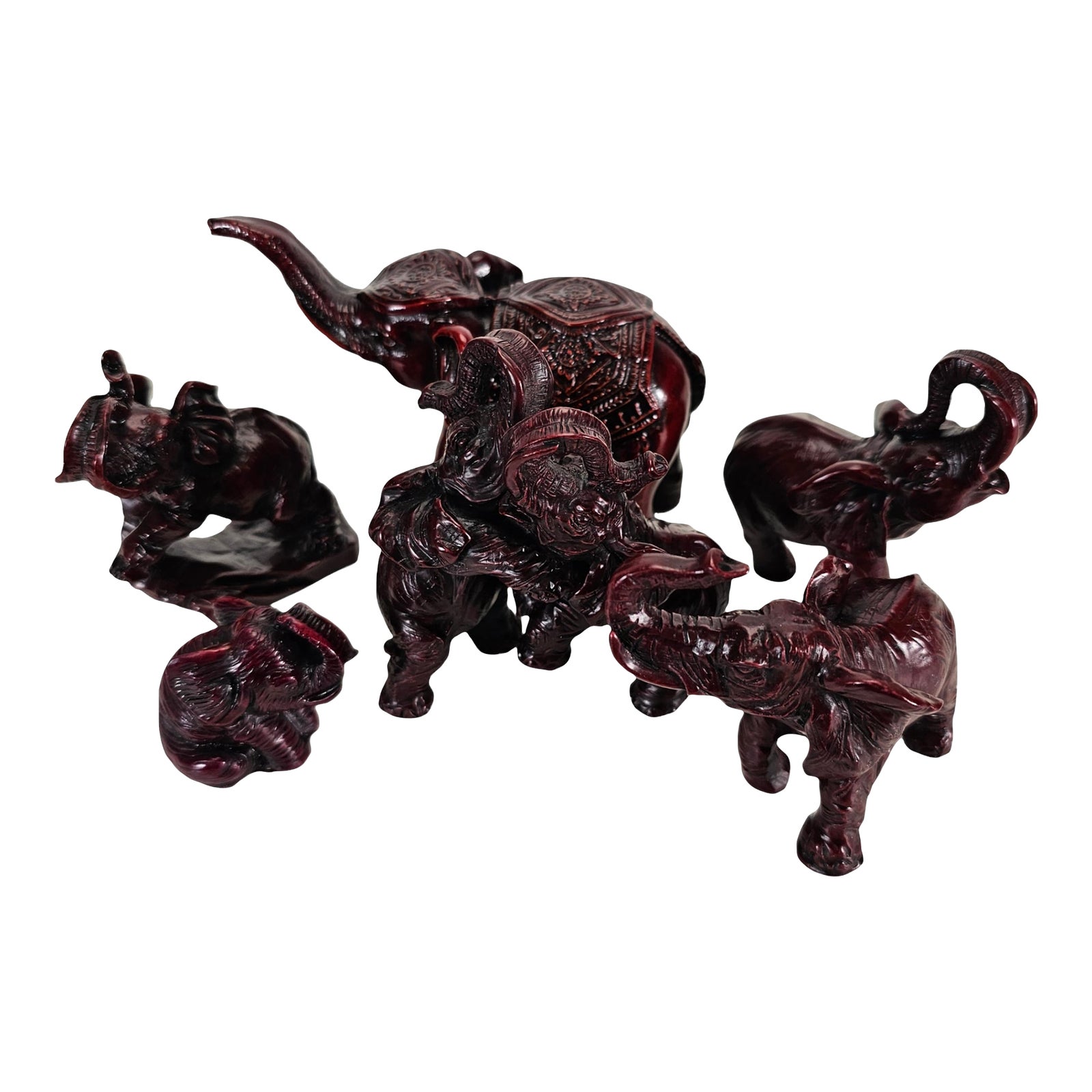 Red Carved Elephants Resin Figurines Set of 6 | Chairish