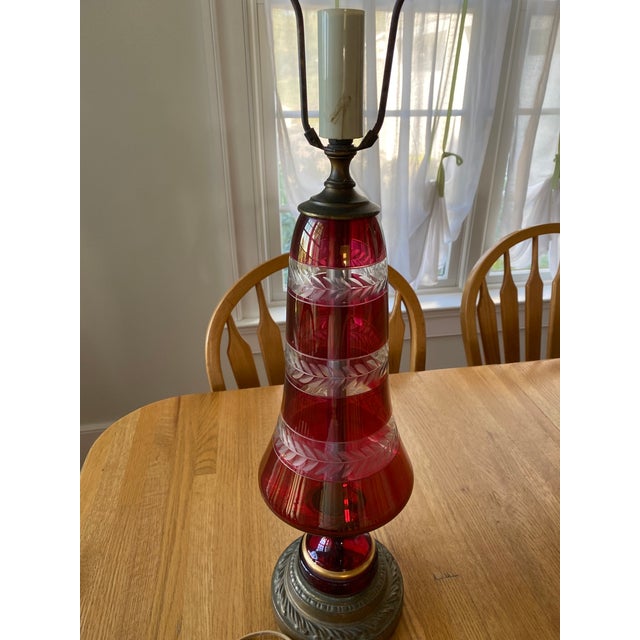 Vintage Cranberry Cut Glass Table Lamp | Chairish