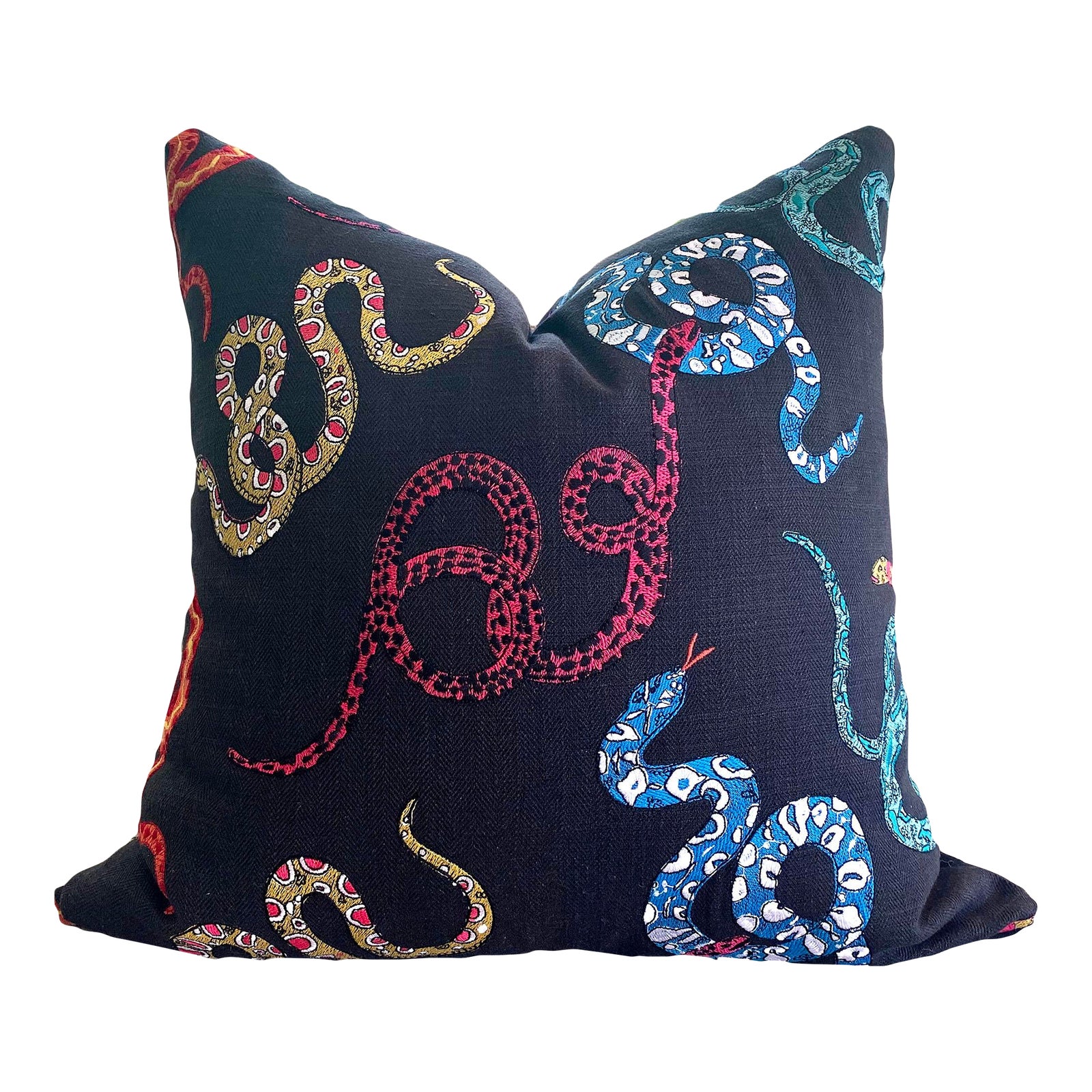 Contemporary Black Linen Pillow With Serpents | Chairish