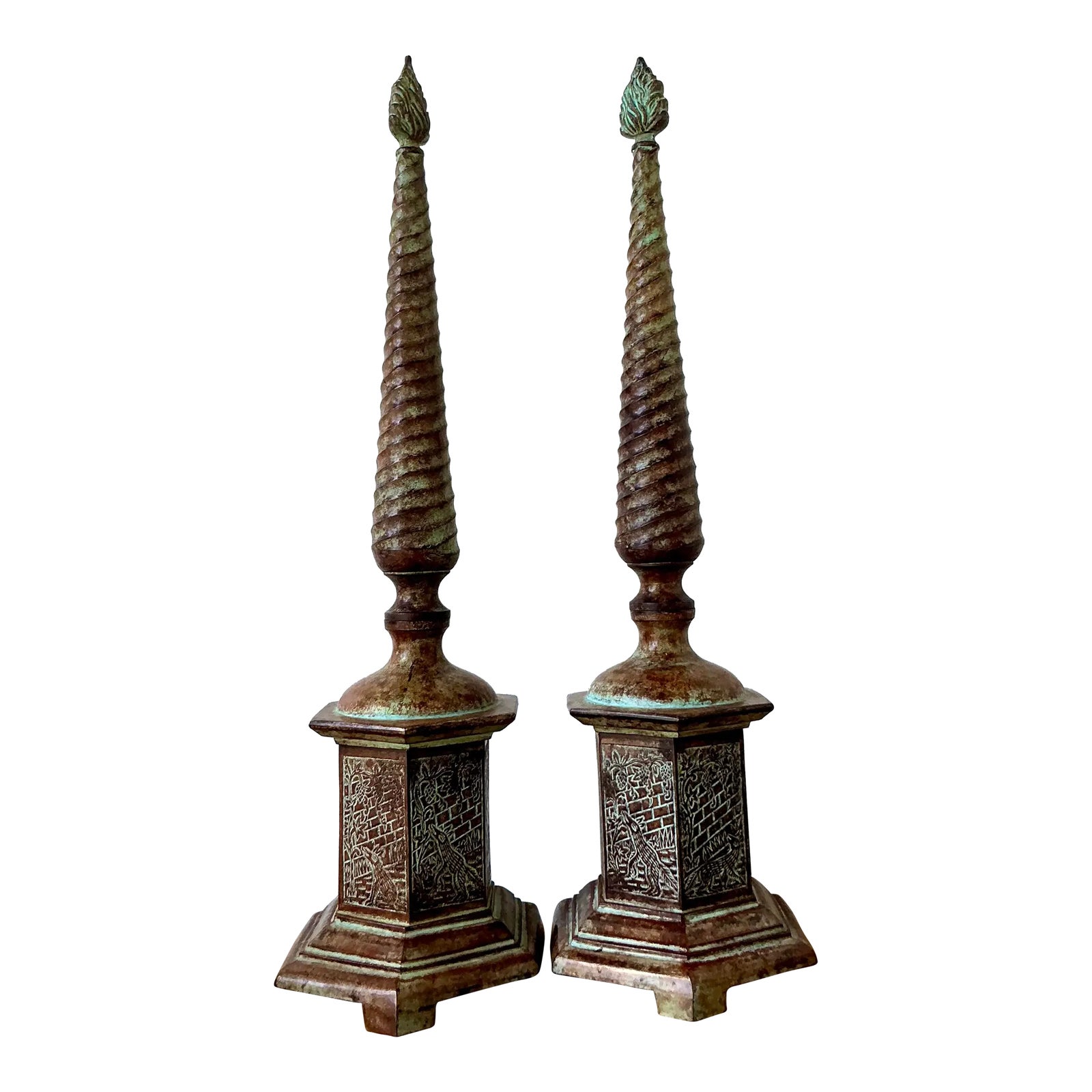 Vintage Boho Patinated Metal Obelisks - A Pair | Chairish