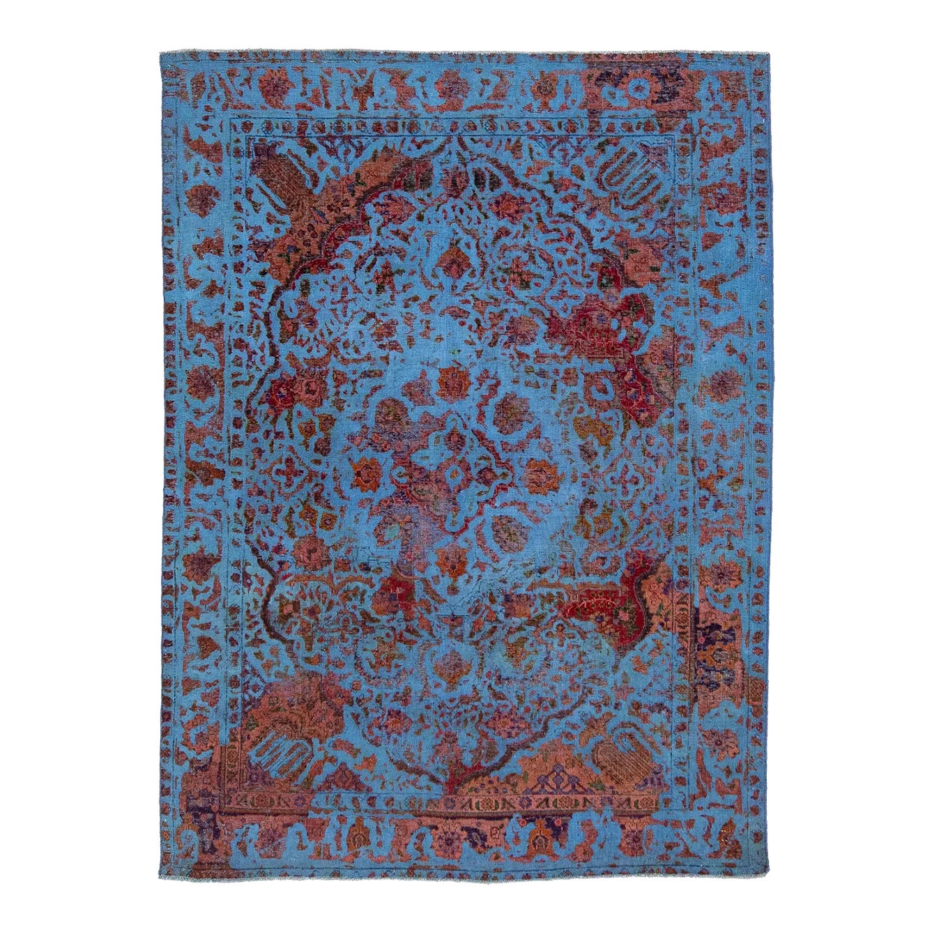 Blue Vintage Persian Overdyed Scatter Wool Rug With Floral Motif | Chairish