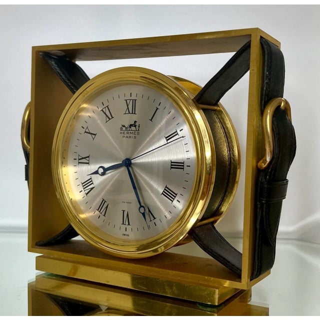 Hermès Gilt Brass & Leather Table or Mantle Clock, 1960’s. | Chairish