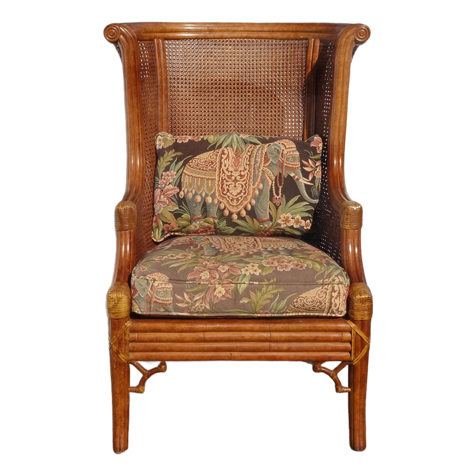 Vintage Lane French Country Brown Wingback Cane Bamboo Chair W Leather ...
