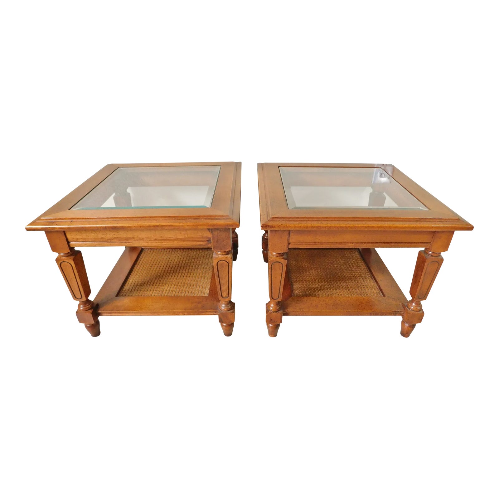 Pair Small Low Vintage Square Solid Wood Cane & Beveled Glass Side/End ...