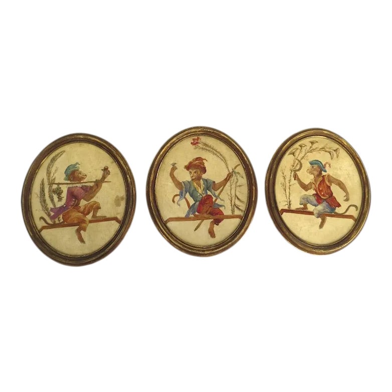 Early 20th Century Set of Three Oval Paintings "Singerie" Depicting ...