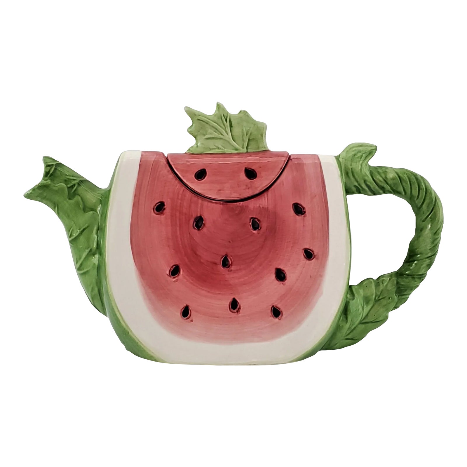 Vintage Porcelain Ceramic Watermelon Tea Pot With Green Leaf Handles ...
