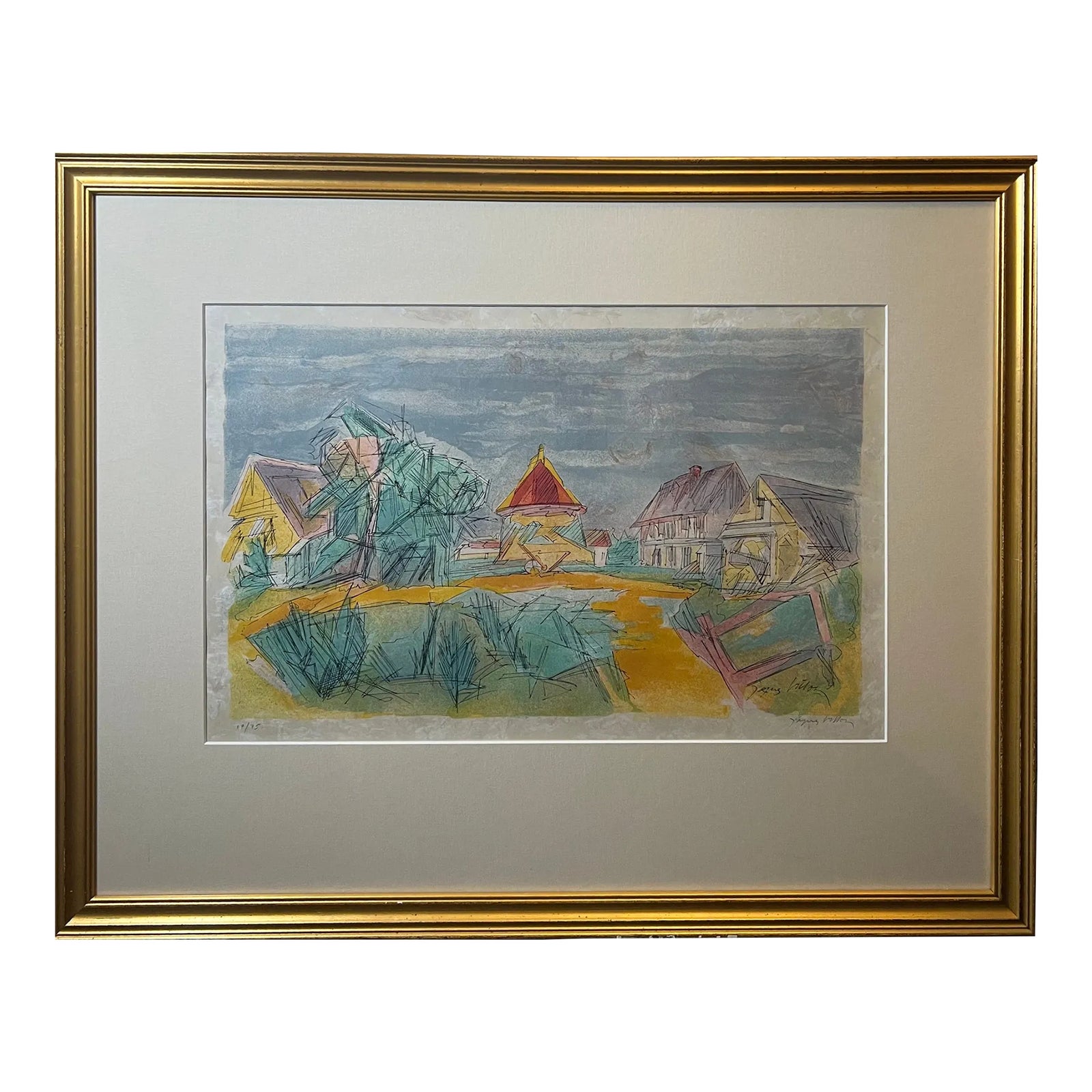 Mid 20th Century Colorful Lithograph of a Village in Normandy | Chairish