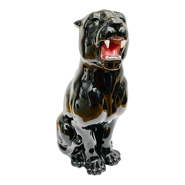 Italian Glazed Ceramic Standing Black Panther Statue | Chairish