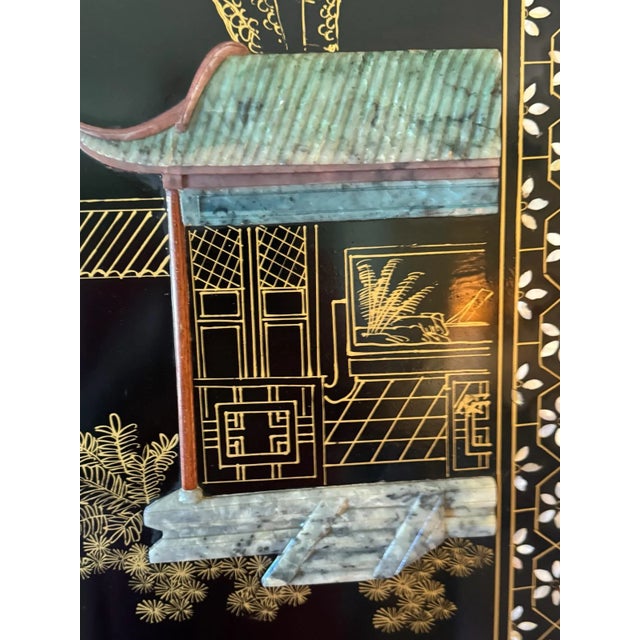 Chinese Black Lacquer and Carved Inlaid Hard Stone Four Panel Screen ...