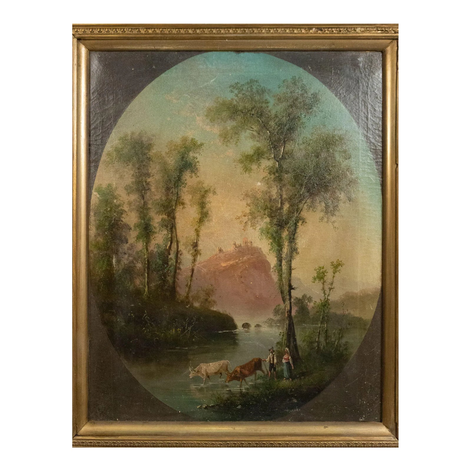 English Victorian Landscape of Figures with Cows | Chairish