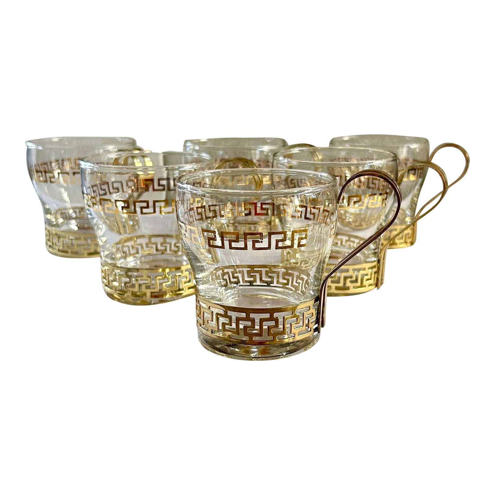 Mid Century Modern Libbey Greek Key Glass Mugs With Gold Tone Holders ...