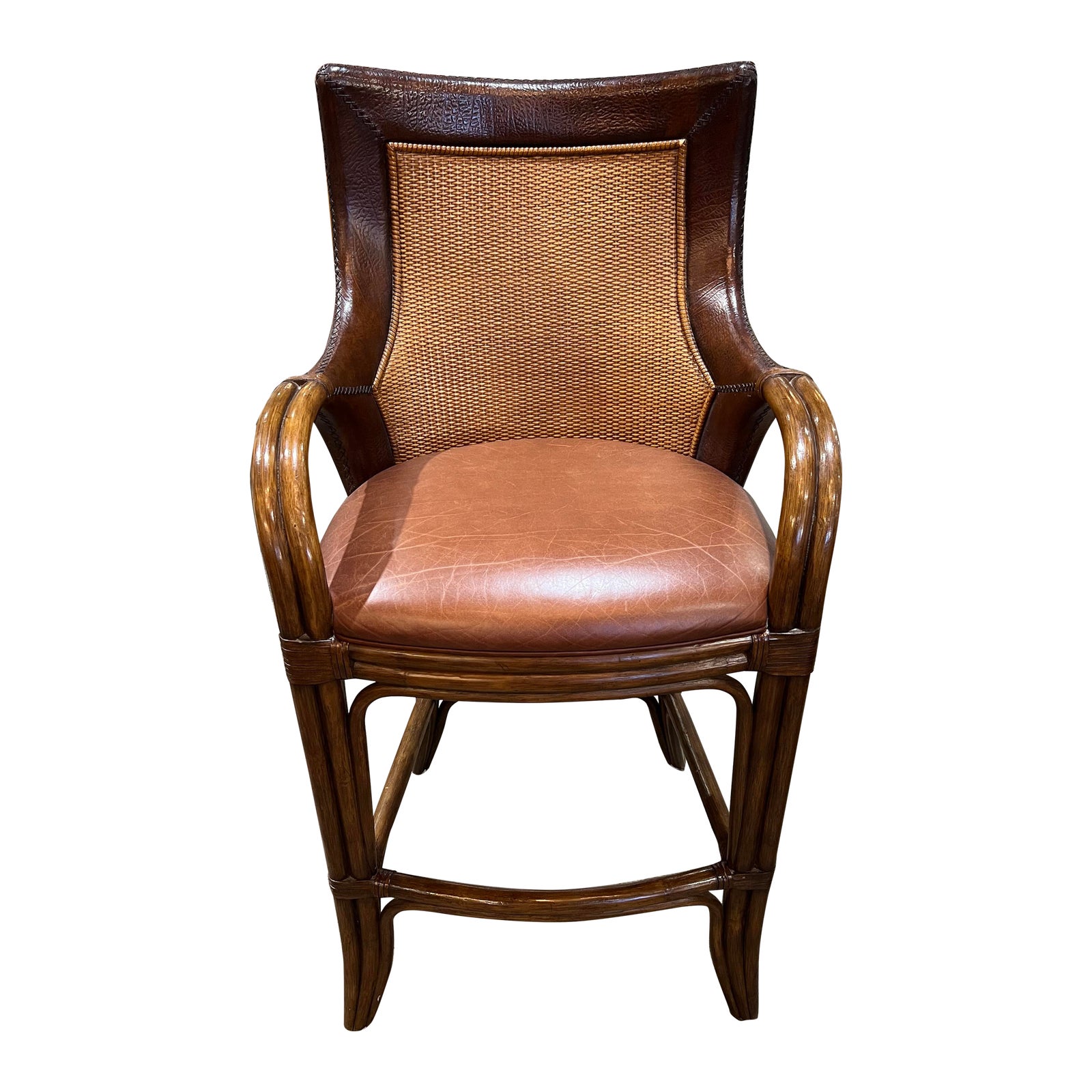 Late 20th Century Thomasville Venture Bamboo Leather & Rattan Bar Stool ...