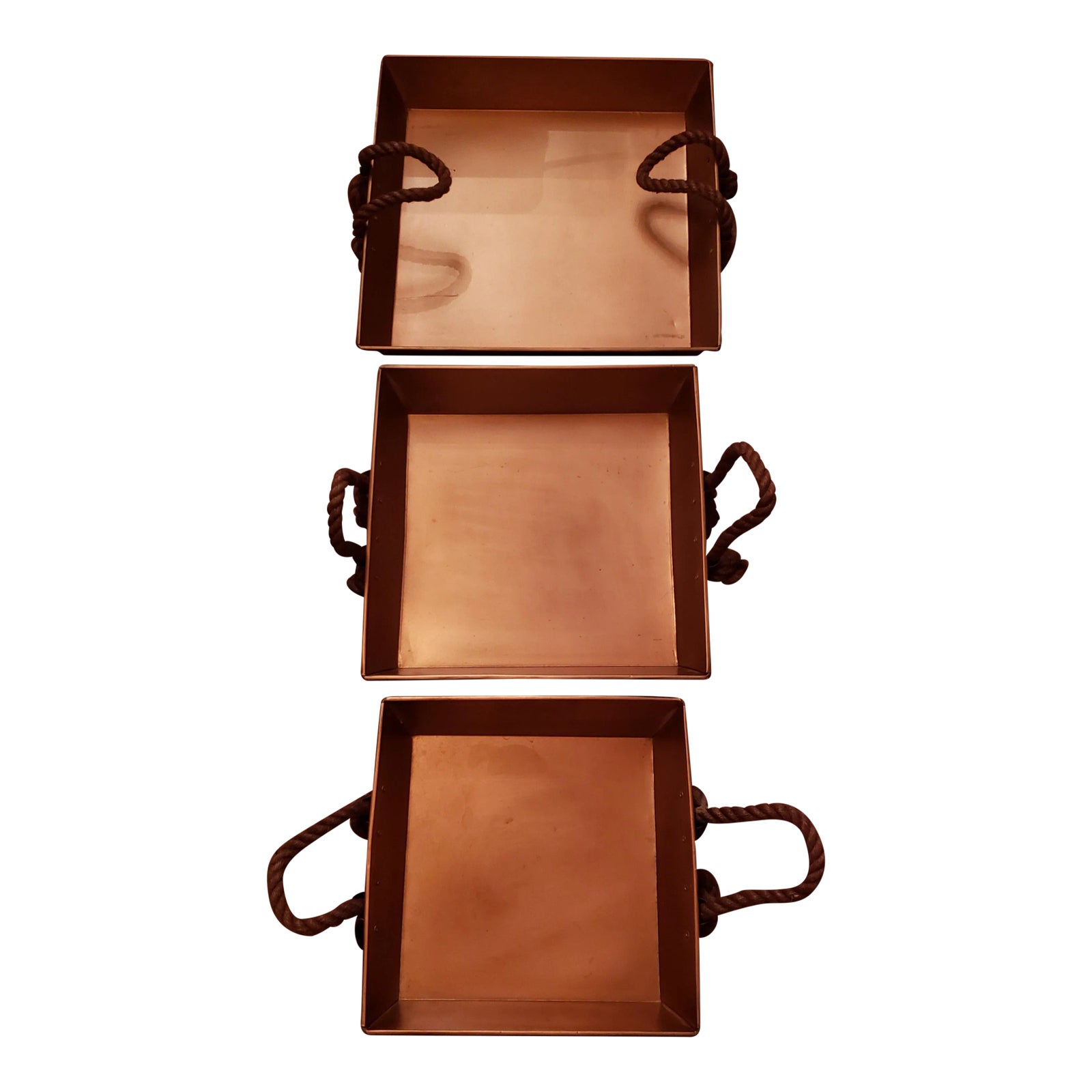 Vintage Copper Nesting Platters or Trays With Rope Handles - Set of 3 ...